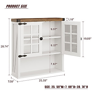 FREDEES Farmhouse Bathroom Wall Cabinet, Over The Toilet Storage Cabinet, Large Medicine Cabinet Organizer with 2 Doors and Shelf for Kitchen, Living Room, 26x29 inch, Antique White