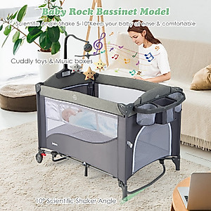 INFANS Pack and Play, Baby Bedside Sleeper with Bassinet, Diaper Changer, Mattress, Carry Bag, Music Box Hanging Toys, Foldable Bedside Crib, Portable Playard for Newborn Toddlers (5 in 1, Classic)