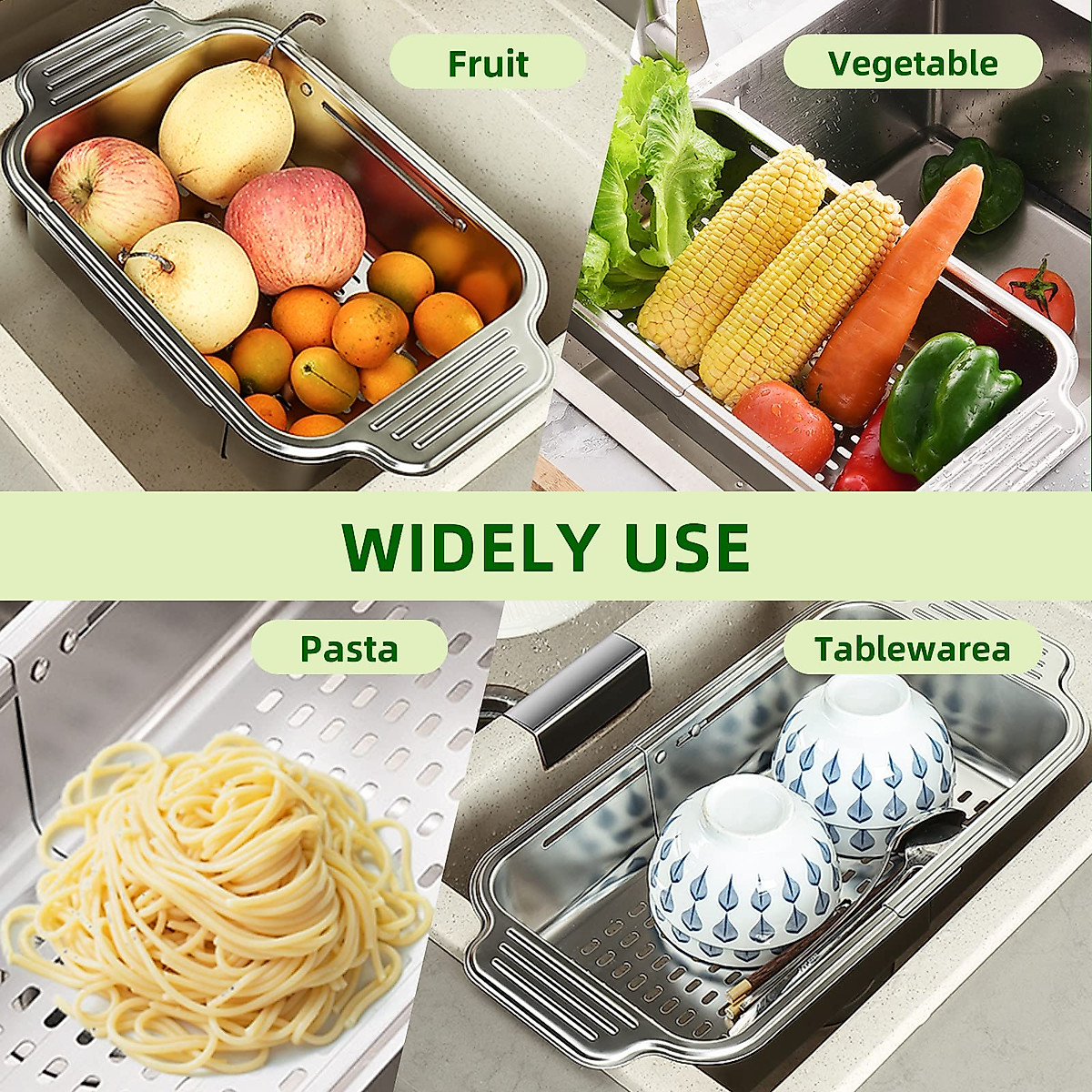 DOXILA Over the Sink Colander Strainer Basket - Kitchen Essentials for New Home-Expandable to Fit Most Sinks - Stainless Steel, Wash Vegetables and Fruits, Drain Cooked Pasta and Dry Dishes