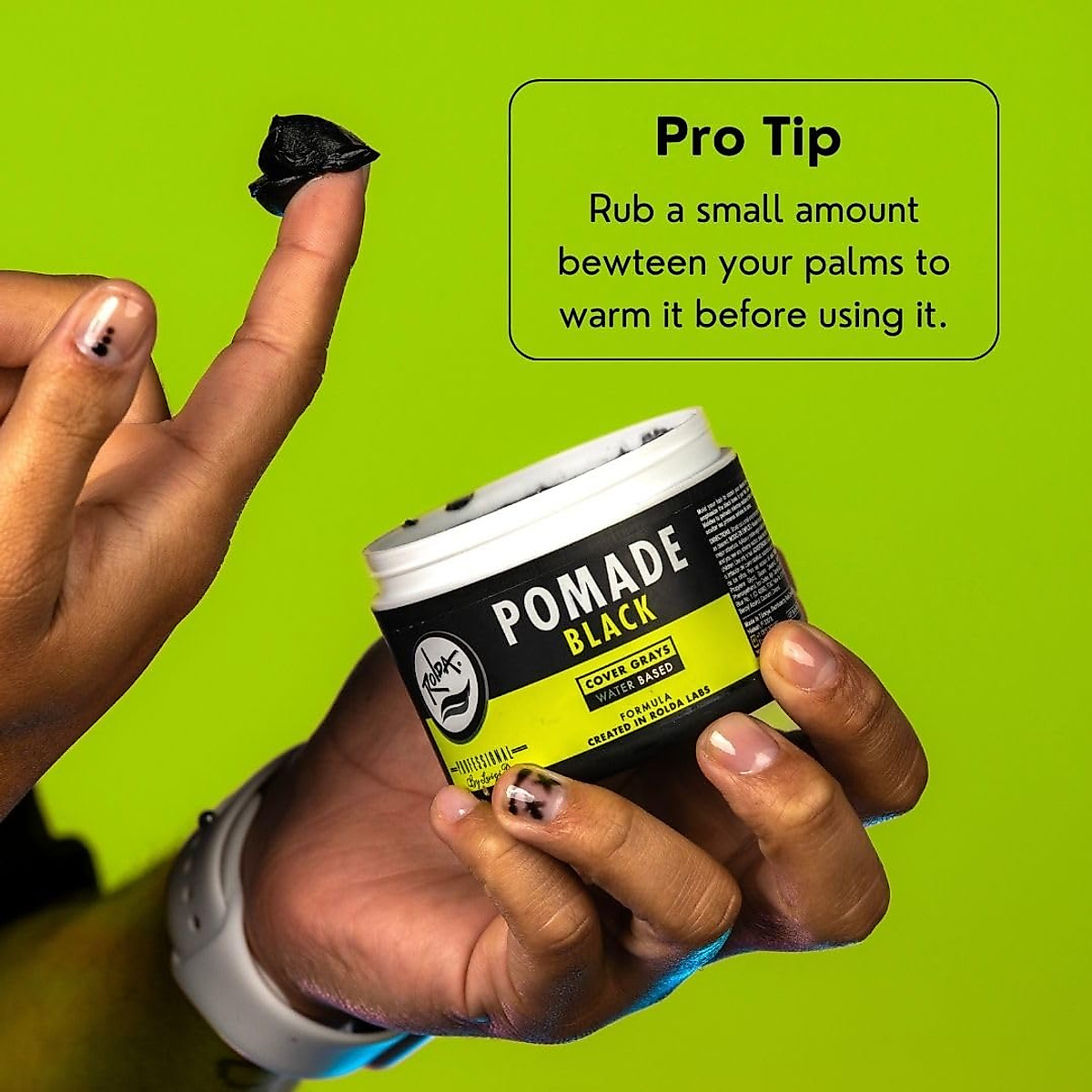 Rolda Black Pomade - Medium Hold With Radiant Shine - Grey Hair Coverage - Water-Based, All-Day, Flake-Free Formula