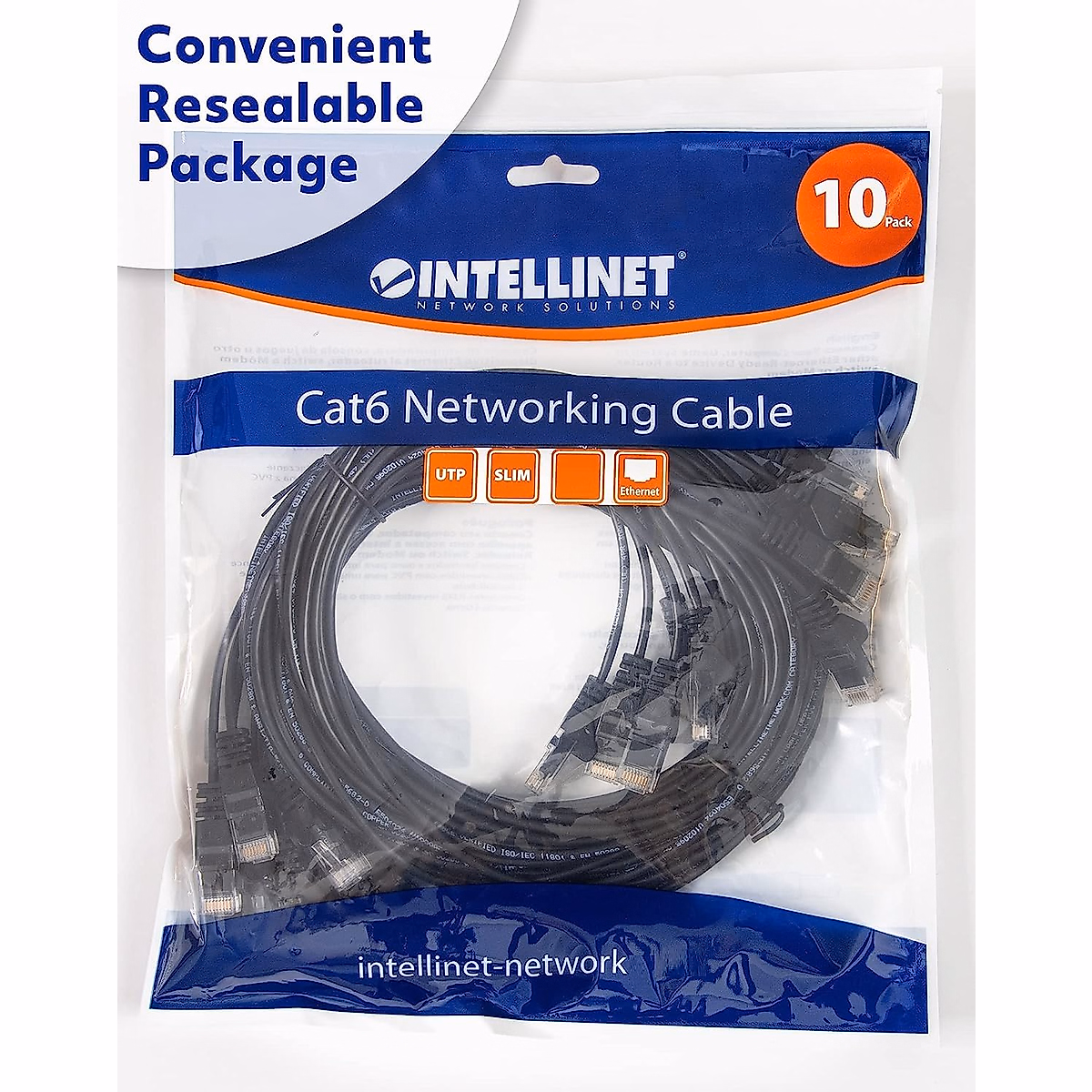 Intellinet Slim Cat6 Ethernet Network Patch Cable – 10-Pack - 10Gbps & 250MHz, Snagless Boot, 30AWG Pure Bare Copper Wire, Gold-Plated Contacts, Lifetime Mfg Warranty – 1.5ft, 10 Pack Black