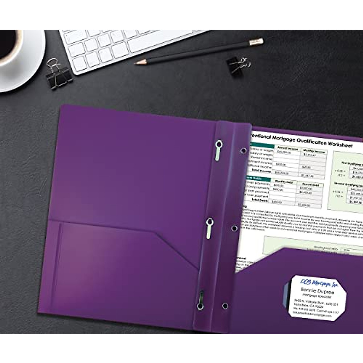 Better Office Products Purple Plastic 2 Pocket Folders with Prongs, Heavyweight, Letter Size Poly Folders, 24 Pack, with 3 Metal Prongs Fastener Clips, Purple
