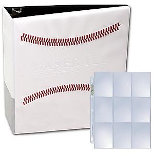 White Stitched Baseball Card Collectors Album with 25 Premium Ultra Pro 9 Pocket Pages Included (3" D-Ring Binder w/25 Pages)