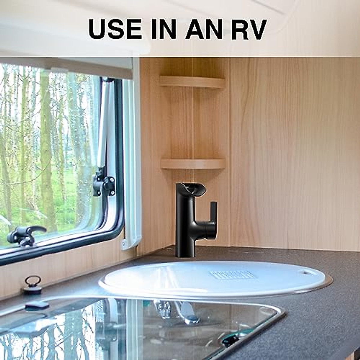 Waterfall Bathroom Faucet - WaterSong Matte Black Bathroom Faucet for Sink 360° Swivel Single Handle One Hole Vanity Faucet, Farmhouse RV Bathroom Vessel Basin Faucet Deck Mount, 100% Lead-Free