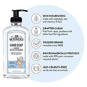 J.R. Watkins Gel Hand Soap With Dispenser, Moisturizing Hand Wash, All Natural, Alcohol-Free, Cruelty-Free, USA Made, Ocean Breeze, 11 Fl Oz, 3 Pack