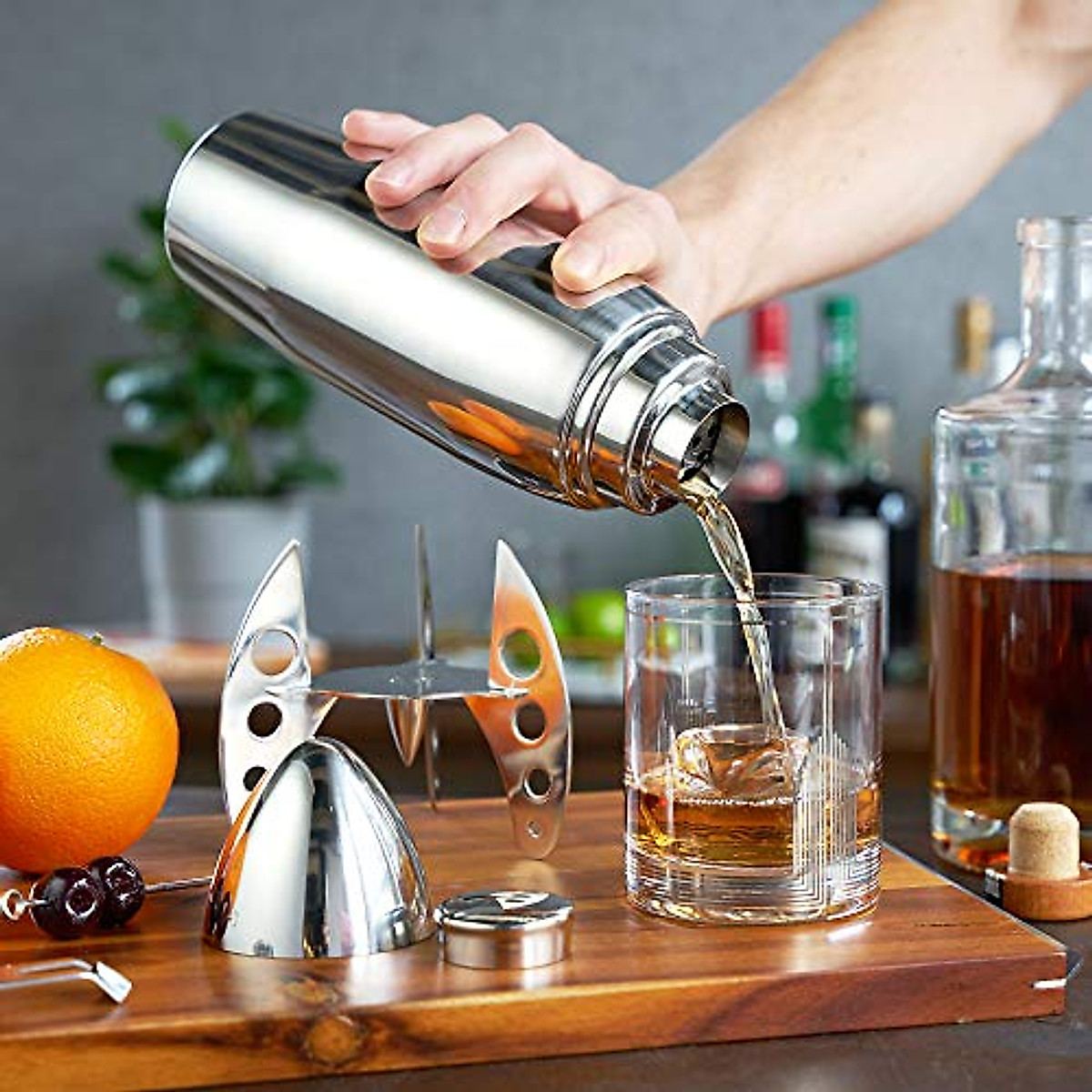 Viski Rocket Cocktail Shaker Bar Set, Margarita Drink Mixer, Professional Bartending Tools, Liquor Mixing Cup with Strainer Bartender Kit Gifts, Stainless Steel, 24oz