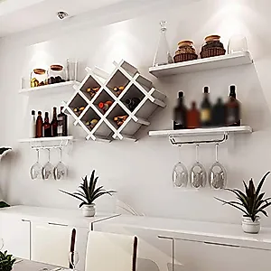 CeRaBuRET 5 Set of Wine Rack Wall Mounted Wooden Wine Holder Shelf w/ Storage Shelves and Glass Holder, Wine Rack Insert Display Rack Multifunctional Storage Shelf, L129CM/H36CM/D 20CM (White)