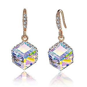 Austrian Crystal Cube Drop Dangle Earrings for Women 14K Gold Plated Hypoallergenic Jewelry (Aurora Borealis)