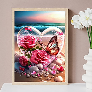 KINPLUB Beach Diamond Painting Kits for Adults, Flowers Heart Diamond Art Kits, 5D DIY Full Drill Seaside Butterflies Paint with Diamonds, Crystal Gem Art for Home Wall Decor 12 x 16 Inch