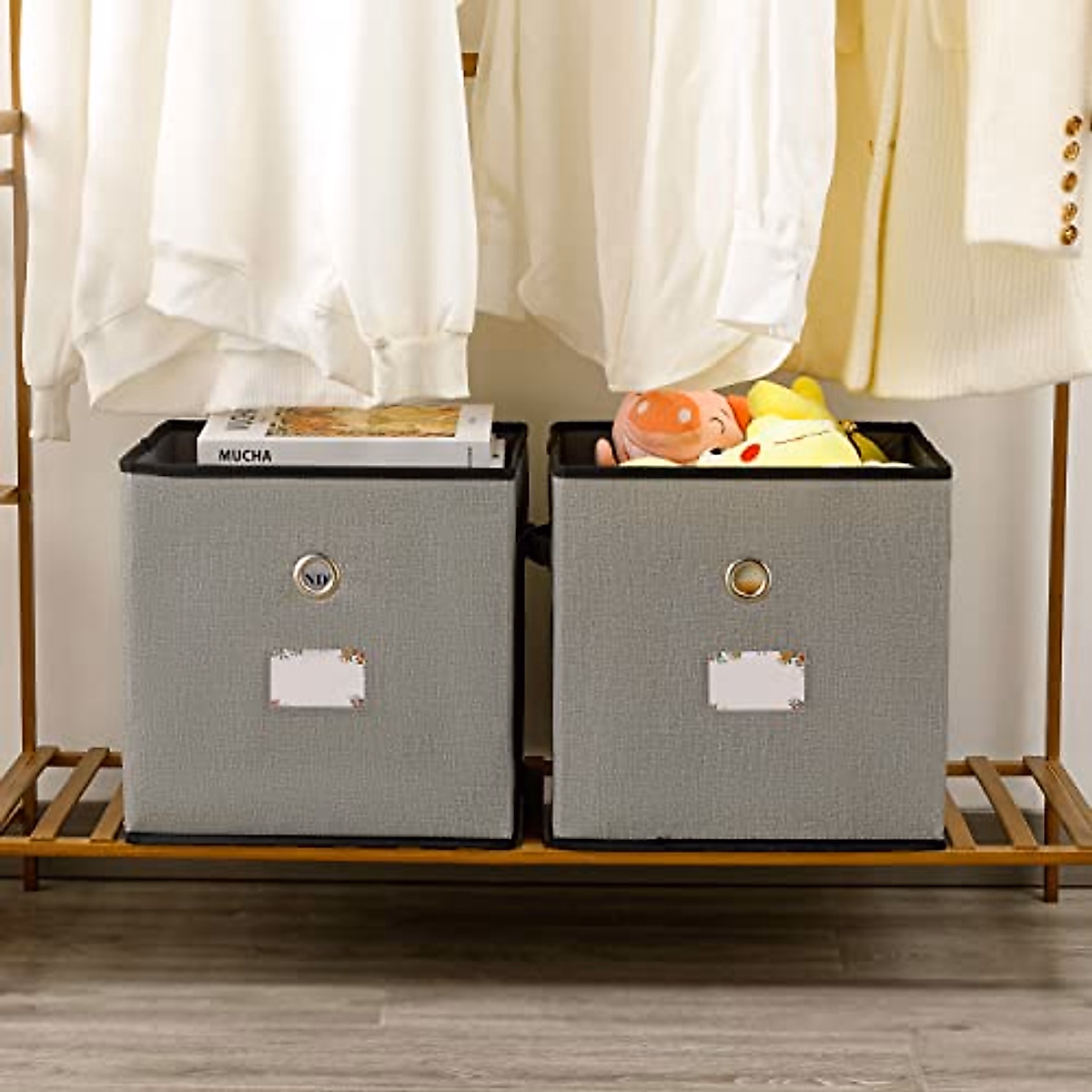 Furnhome Fabric Storage Cubes Bins with Labels, Foldable Storage Cubes with Handles, Washable Cube Storage Bins 13 x 13, Square Storage Bins for Cube Organizer for Shelf, Bedroom, Closet-set of 2, Beige