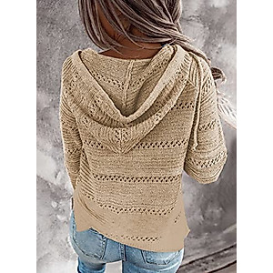 BLENCOT Women's Drawstring Color Block Hoodies Pullover V Neck Casual Long Sleeve Knitted Sweatshirts Khaki 2XL