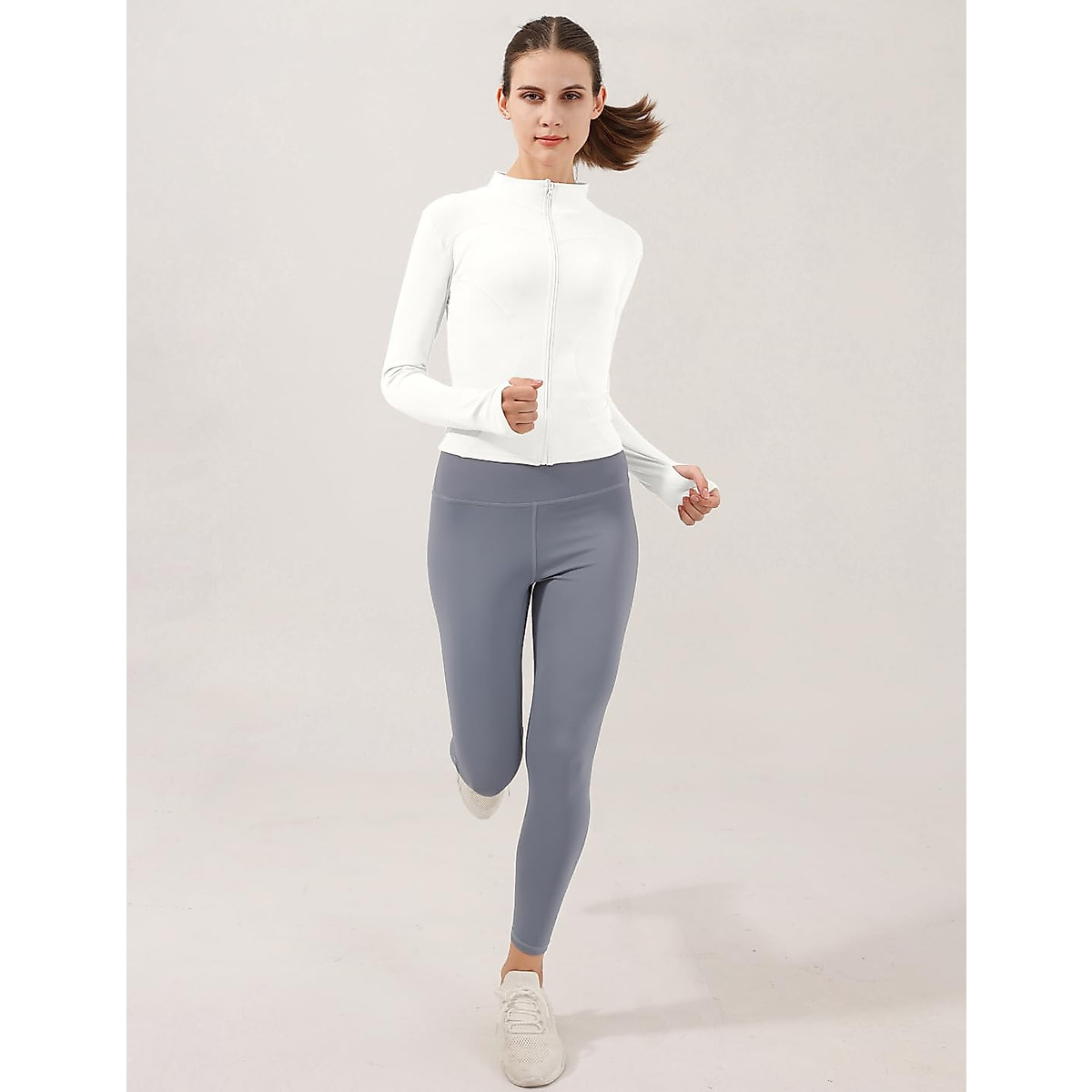 Gacaky Women's Slim Fit Lightweight Athletic Full Zip Stretchy Workout Running Track Jacket with Thumb Holes White S