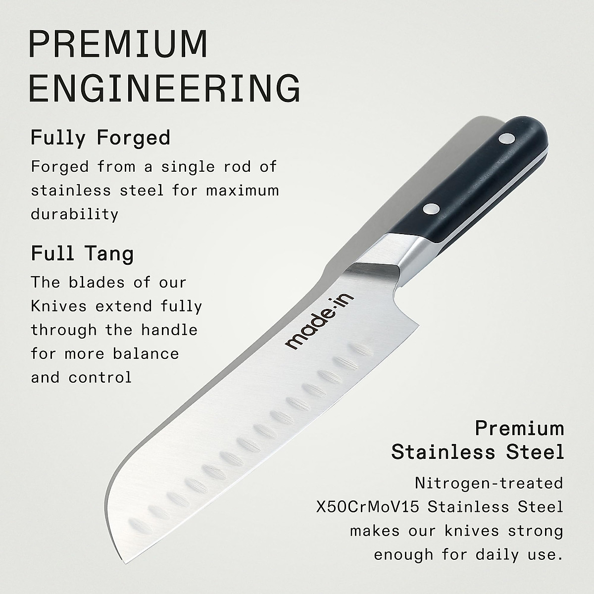 Made In Cookware - 7" Santoku Knife - Crafted in France - Full Tang With Truffle Black Handle