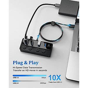 Qeefun 4-Port USB Hub 3.0, Individual LED Power Switches USB Extension 2ft USB Extender 5V/3A USB Adapter for Laptop, PC, USB Flash Drives, and More……