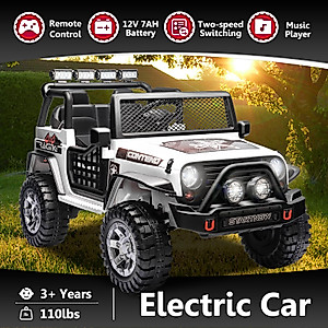 Sopbost 2-Seater Ride on Truck 12V Ride On Toys, Ride On Car with Remote Control Off-Road Battery Powered Electric Car for Kids with 2+1 Gear Shift, Spring Suspension, LED Headlights (White)