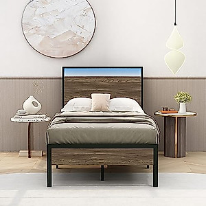 NNV Industrial Twin Size Bed Frame with Headboard Stoarge, Metal Platform Bed Frame with LED Lights and USB Ports, Sturdy and No Noise Easy Installation No Box Spring Needed, Grey