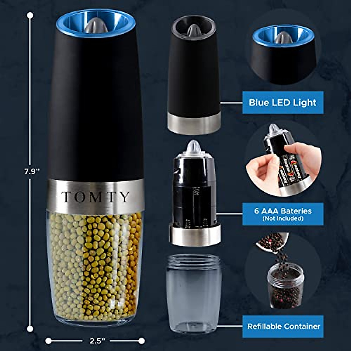 (2 Pack) Gravity Electric Salt and Pepper Grinder Set Battery Operated One Hand Automatic Operation, Adjustable Coarseness Mill Grinders Shakers LED Light Stainless Steel, Kitchen Gadgets Gifts Ideas