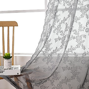 Urban Lotus Grey Lace Sheer Curtains 55 x 54 Inch Elegant Floral Rose Lace Embroidered Curtain Panels Airy Light Filtering Rod Pocket Window Treatment Sets for Garden Balcony, 1 Pair