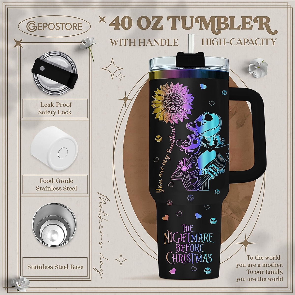 GEPOSTORE Movie Lover Gifts, Christmas Before Movie 40 oz Laser Tumbler Handle and Straw, Jack Sunshine Movie Tumblers Cup, Halloween Mug, Birthday Gifts for Couple