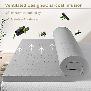 Maxzzz Memory Foam Mattress Topper- Charcoal Mattress Topper Full 3 Inch Surmatelas Mousse Memoire Ventilated CertiPUR-US Breathable Ventilated Design Bed Topper