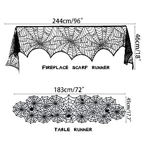 Anditoy 6 Pack Halloween Decorations Sets Spider Webs Tablecloth Fireplace Scarf Runner Round Cobweb Table Cover Lampshade Door Curtain with 24pcs 3D Bats for Halloween Decor Indoor Party Supplies