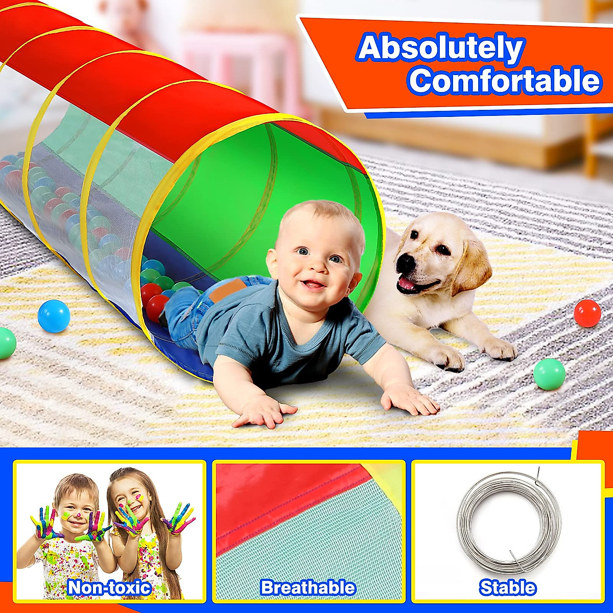 Hoohtoot Kids Crawl Through Play Tunnel, Pop Up Baby Play Tunnel for Toddlers, Game Toy Play Tent for Girl or Dog Cat Pet Tunnel