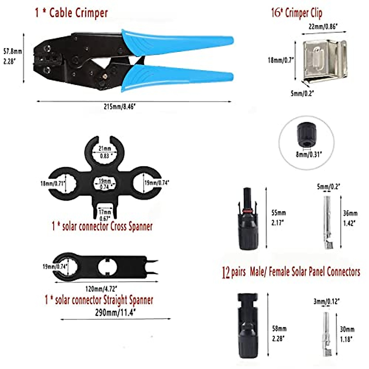 QeeHeng Solar Panel Crimper Tools Kit Compatible with Solar Cable Connector,1 Crimping Tool,6 Pairs Solar Panel Connectors,2Pcs Spanner Wrench, Crimp Tool for 2.5/4.0/6.0mm² Solar PV Cable