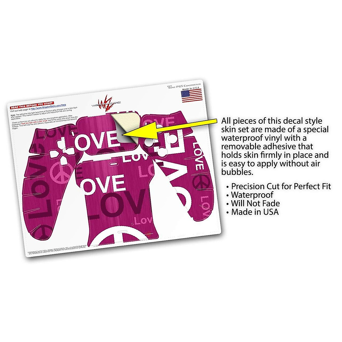 WraptorSkinz Skin Wrap compatible with Sony PS5 DualSense Controller Love and Peace Hot Pink (CONTROLLER NOT INCLUDED)