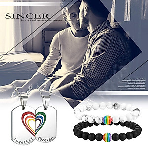 Aroncent 4pcs Gay Pride Lesbian LGBTQ Couples Rainbow Jewelry Set,White Turquoise & Carnelian Bead Bracelet, Stainless Steel Rainbow Necklace Heart Matching Charm Couple Necklace