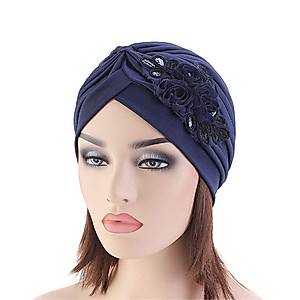 Qianmome Womens Sequin Flower Turban Elegant Muslim Beanie Head wrap Chemo Cap White