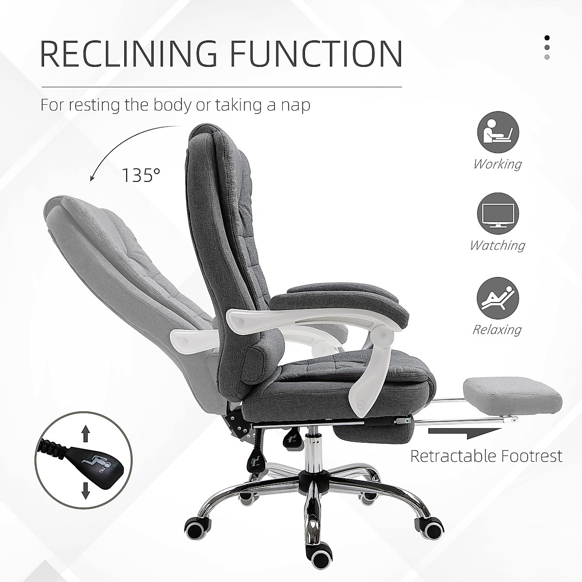 Vinsetto High-Back Executive Office Chair with Footrest, Linen-Fabric Computer Chair with Padded Armrests, Ergonomic Office Chair, Gray