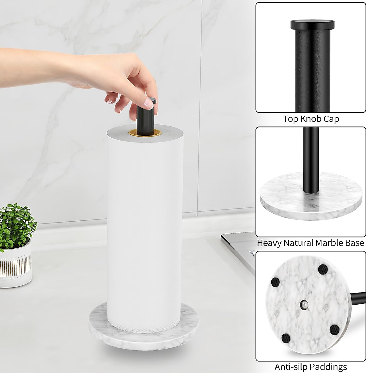 Paper Towel Holder Countertop, Jesginboo Kitchen Paper Towel Holder Stand with Natural Marble Base for Standard and Large Size Rolls (Black, 1 Pack)