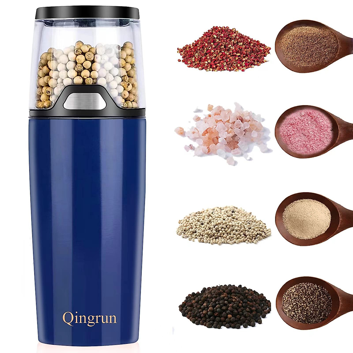 Qingrun electric salt or pepper grinder is provided with button control for grinding,battery-powered pepper mill,one-hand operation and white light.Adjustable roughness pepper grinder.Blue