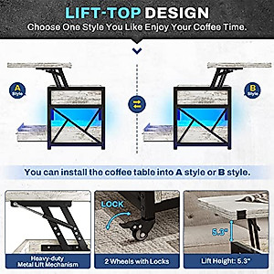 Itaar 40" Lift Top Coffee Table, 4 in 1 Coffee Tables with Storage for Living Room, Small Farmhouse Coffee Table with 2 Drawers & LED Light for Dining Reception Room, Rustic White