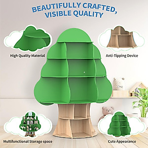 Tree Kids Bookshelf, Toddler Wood Bookcase, 16-Cubby Children Toy Storage Organizer Book Shelf for Kids Rooms, Nursery, Bedroom, Living Room, Classroom, Boy Girl’s Gift (Green Tree)