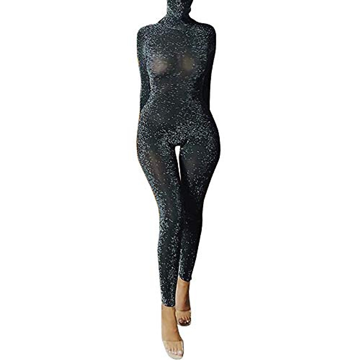 GUXMO Womens Sexy See Through Clubwear Jumpsuit Sparkly Backless Bodycon Long Sleeve Jumpsuits Party Night Outfits