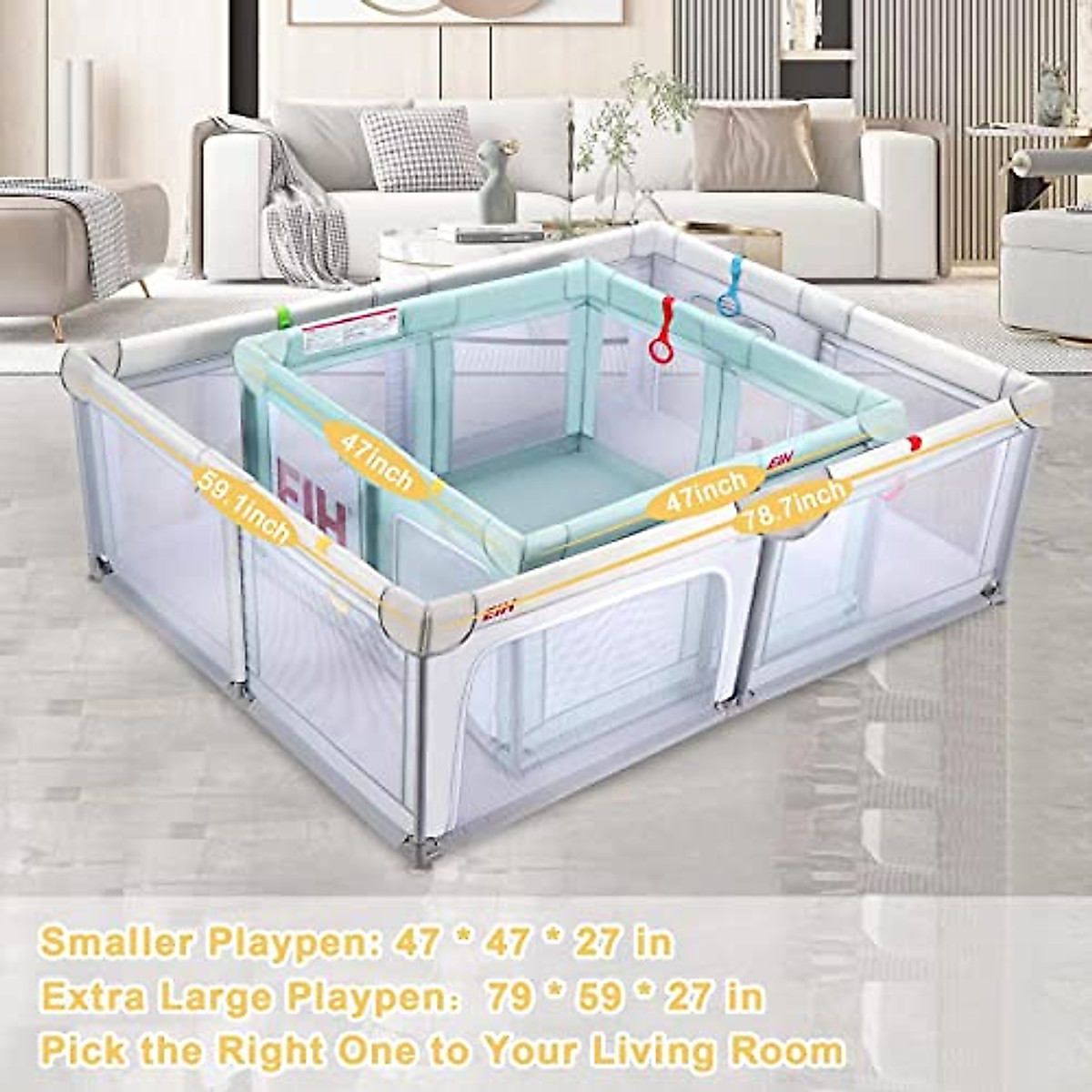 Baby Playpen, Playpen for Babies and Toddlers Indoor & Outdoor Kids Activity Center with 50 Ocean Balls Small Baby Playard Breathable Mesh Kids Safety Play Area, 47in x 47in (Green)