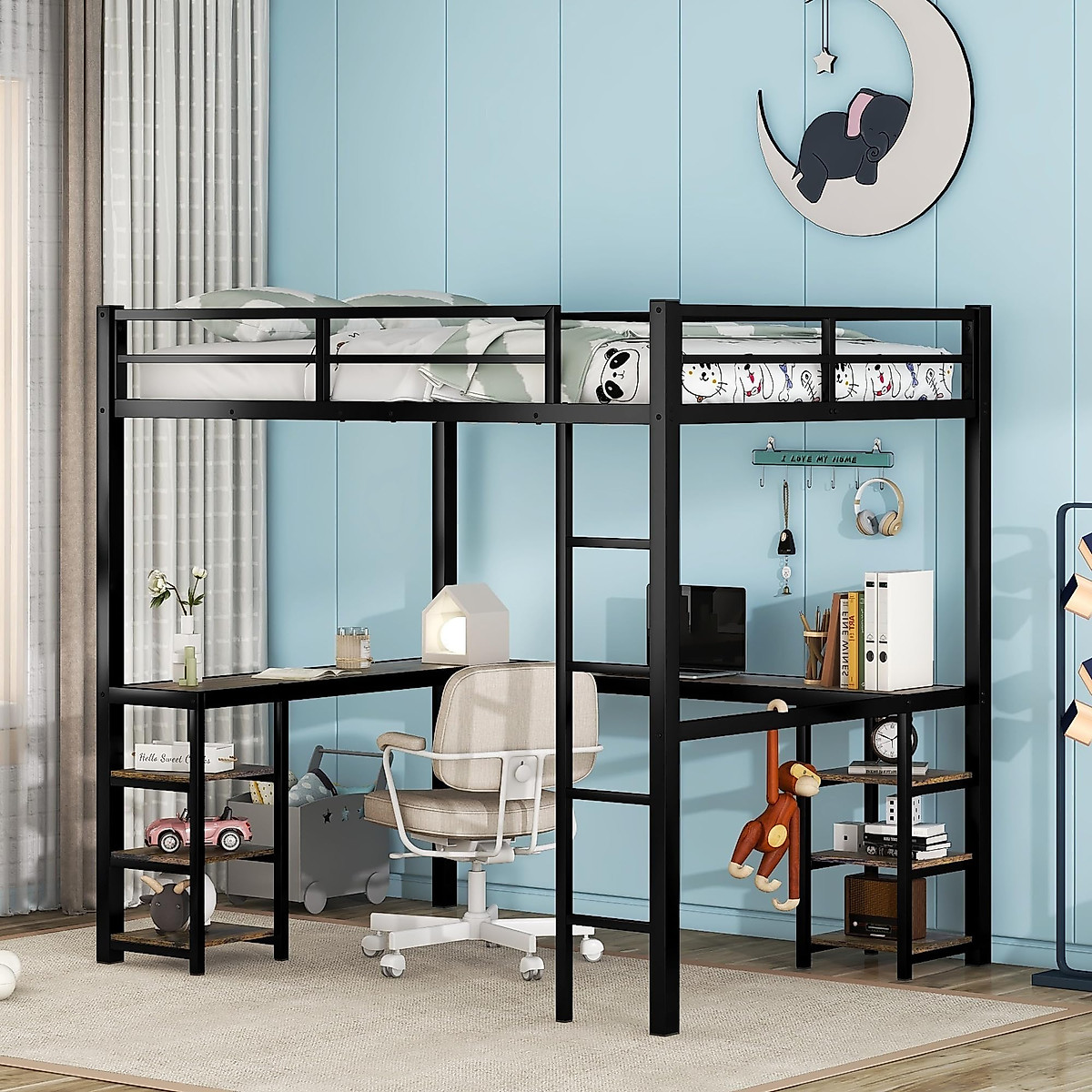 Bellemave Full Size Loft Bed with Desk, Metal Loft Bed Frame with Storage Shelves, Heavy-Duty Kids Loft Beds with Ladder & L-Shape Desk for Boys Girls Teens, Black