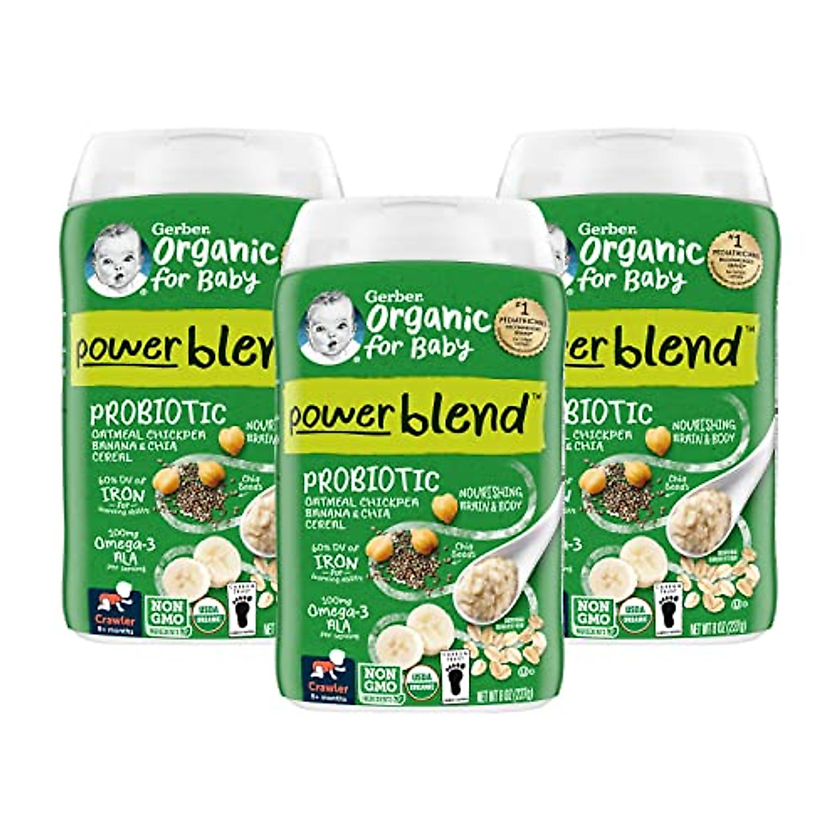 Gerber Organic for Baby Power Blend Probiotic Cereal, Oatmeal Chickpea Banana & Chia Cereal, Organic & Non-GMO Baby Cereal, 8-Ounce Canister (Pack of 3)