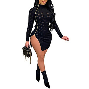 Uni Clau Women Sexy Sheer Mesh Boydcon Midi Dress See Through Printed Long Sleeve Midi Skinny Clubwear Party Dress (Y-Black, X-Large)
