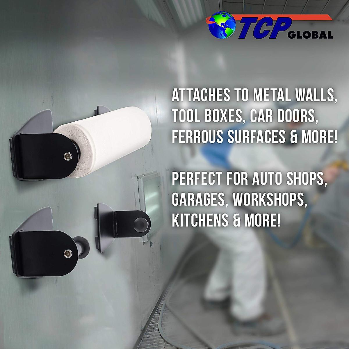 TCP Global Magnetic Paper Towel Holder - Holds Rolls of Towels, Shop Wipes, Tissues - Steel Holder Mounts onto Tool Boxes, Refrigerators, BBQ's or in Garages, Workshops and Kitchens