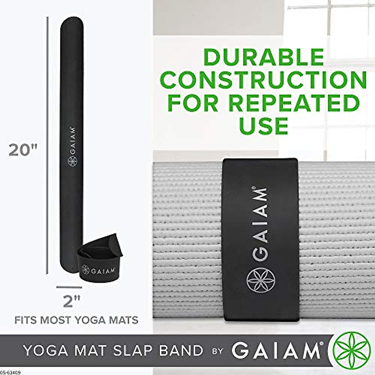 Gaiam Yoga Mat Strap Slap Band - Keeps Your Mat Tightly Rolled and Secure, Fits Most Size Mats (20"L x 1.5"W), Black