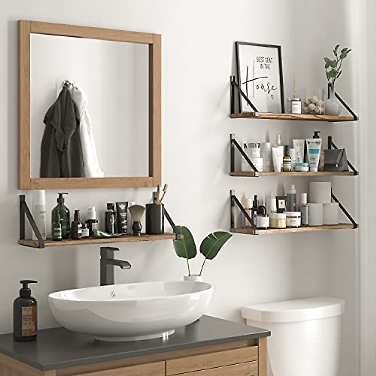 Wallniture Bora Floating Shelves, 24”x6”, Set of 4, Small Bookshelf Unit for Living Room, Office, Bedroom, Natural Burned Rustic Wood Wall Decor with Metal Shelf Bracket