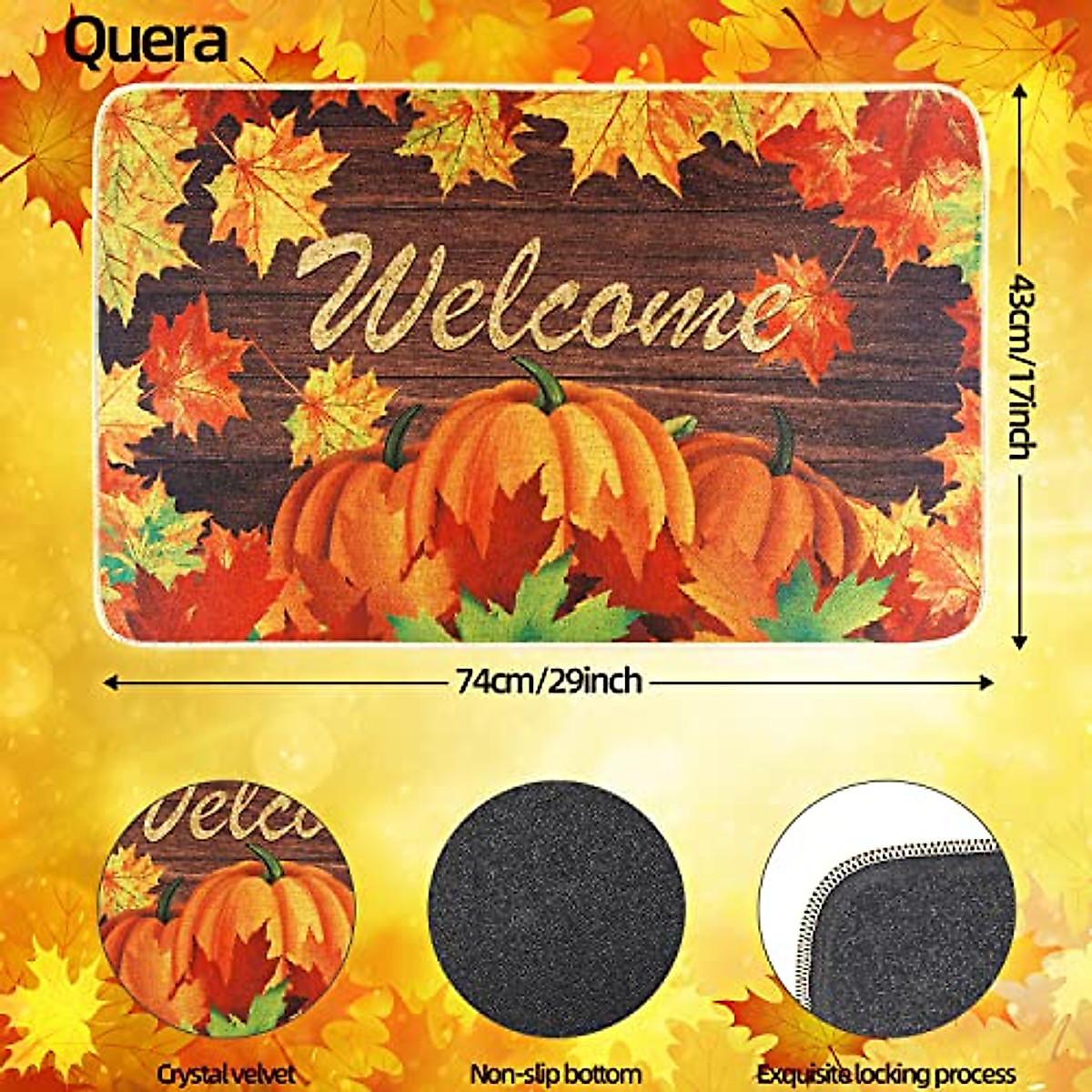 Pumpkin Welcome Mat for Indoor/Outdoor Bedroom Kitchen, Autumn Maple Leaves Welcome Doormats Thanksgiving Entrance, Low-Profile Floor Mat for Fall, 17 x 29 Inch