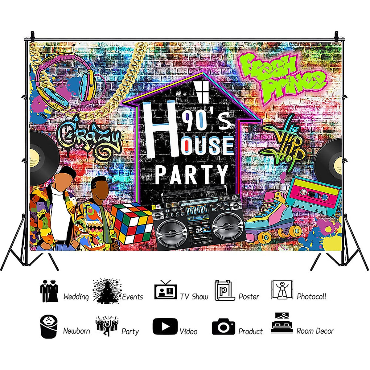 Aumeko 90's House Party Backdrop Hip Pop 90's Birthday Graffiti Wall Retro Radio Roller Skates Background Fresh Prince 90s Theme Backdrop 90s Party Decorations