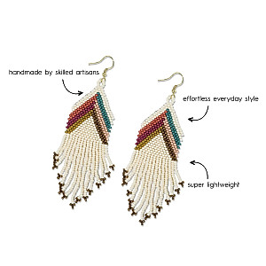 INK+ALLOY Women's Fringe Seed Bead Dangle Earrings Handmade Jewelry for the Modern Bohemian (Ivory Gold Muted Chevron)