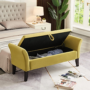 Homaddition Storage Ottoman Bench, 51.5" Upholstered Velvet Storage Bench with Curved Armrest & Solid Wood Leg, End of Bed Bench with Storage Queen Size for Bedroom Living Room Entryway (Olive Green)