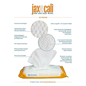 JAX & CALI Pet Wipes, Natural Textured Paw and Body Wipes, Hypoallergenic, pH Balanced, Vitamins B3 & E, Soothing Aloe, No Fragrance, Holistic, Cruelty Free, Dogs & Cats, Extra Large 8"x10", 20 Wipes