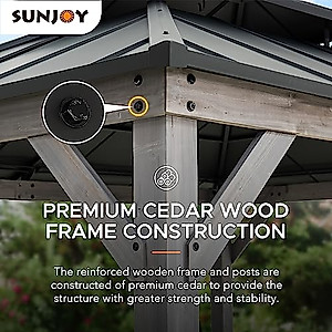 Sunjoy 10 x 12 ft. Wood Gazebo, Outdoor Patio Steel Hardtop Gazebo, Cedar Framed Wooden Gazebo with 2-Tier Metal Roof, Suitable for Patios, Lawn and Backyard, Matte Black Roof + Gray Wood Frame