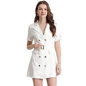 Allegra K Women's Notched Lapel Double Breasted Casual Work Office Belted Blazer Dress Medium White
